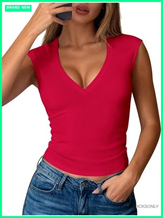 Tops | Sleeveless Ribbed Knit Crop Top Deep V Neck Going Out Tank ...